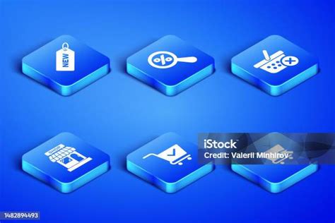 커서가 있는 장바구니 설정 가격표 새로 만들기 확인 표시 마켓 스토어 돋보기 퍼센트 및 장바구니 제거 아이콘 벡터 3차원 형태에 대한 스톡 벡터 아트 및 기타 이미지