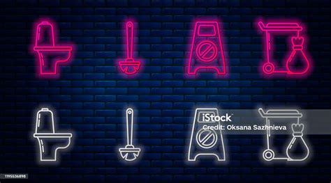 설정 라인 화장실 브러쉬 젖은 바닥 및 청소 진행 화장실 그릇 및 쓰레기통 수 있습니다 벽돌 벽에 빛나는 네온 아이콘입니다 벡터 0명에 대한 스톡 벡터 아트 및 기타 이미지