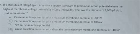 Solved If A Stimulus Of 500pa Pico Amps ﻿to A Neuron Is