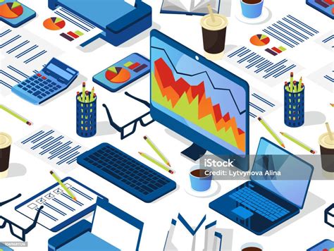 직원에 대 한 아이소메트릭 직장입니다 노트북 휴대 전화 계산기 커피 컵 프린터 스마트폰 Pc와 안경을 흰색 배경에 고립 된 책상 벡터 아이소메트릭 원활한 패턴 경제학자에