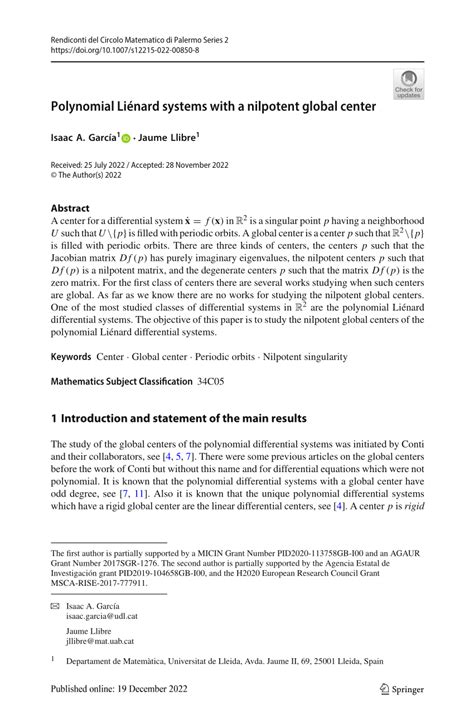Pdf Polynomial Liénard Systems With A Nilpotent Global Center