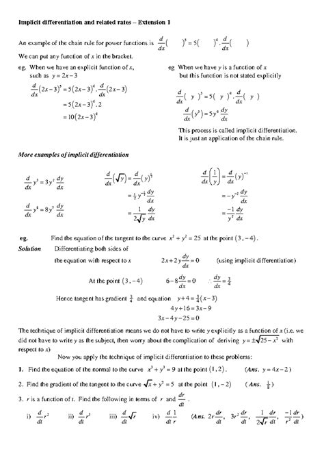 Notes Ext 1 Implicit Differentiation Implicit Differentiation And