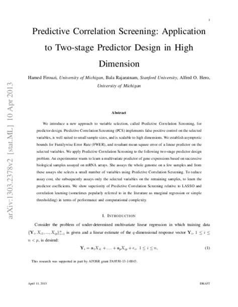 Pdf Predictive Correlation Screening Application To Two Stage