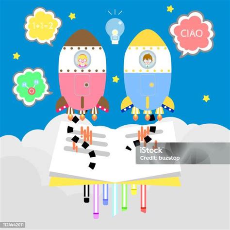 귀여운 귀여운 책 벌레 소년과 소녀는 다시 공간 하늘 구름 배경에서 화려한 로켓 비행 학교 개념 학습 개념에 대한 스톡 벡터 아트 및 기타 이미지 Istock
