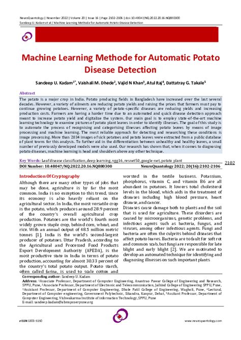 Pdf 2106 17 Potato Disease Detection Using Machine Learning