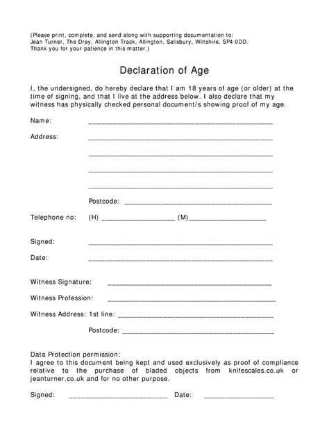 Fillable Online Jeanturner Co Proof Of Age Declaration Jeanturner Co