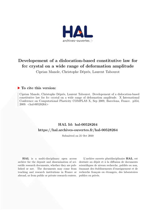 Pdf Developement Of A Dislocation Based Constitutive Law For Fcc Crystal On A Wide Range Of