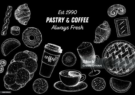 페이스트리와 커피 커피 하우스 메뉴 다른 구운 식품의 그림 손으로 그린 벡터 그림 베이커리 스케치 디자인을 위한 배경 템플릿입니다 새겨진 음식 이미지 맨 위 보기입니다 가정