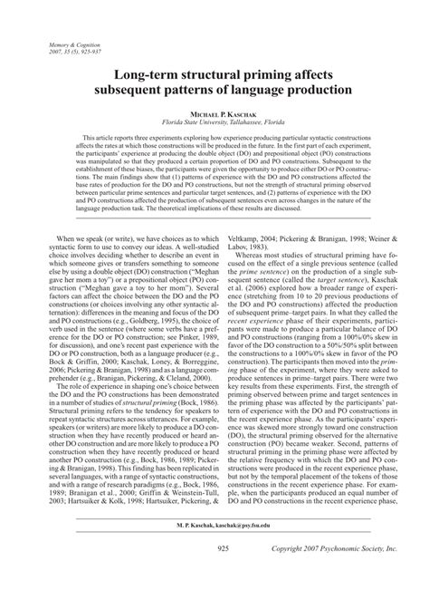Pdf Long Term Structural Priming Affects Subsequent Patterns Of