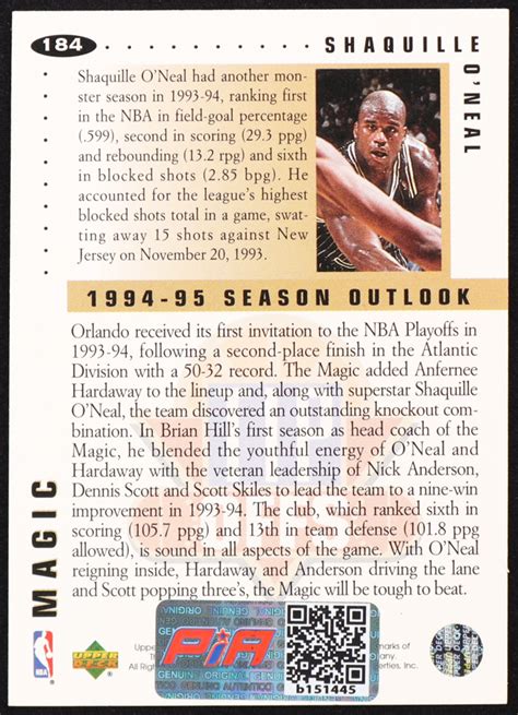 Shaquille Oneal Signed 1994 95 Collectors Choice 184 To Pia