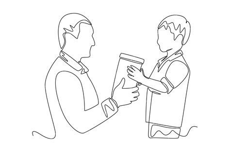 연속 한 선 그리기 아버지는 아들에게 선물 상자를 줍니다 행복한 어린이 날 개념 단일 선 그리기 디자인 벡터 그래픽 그림