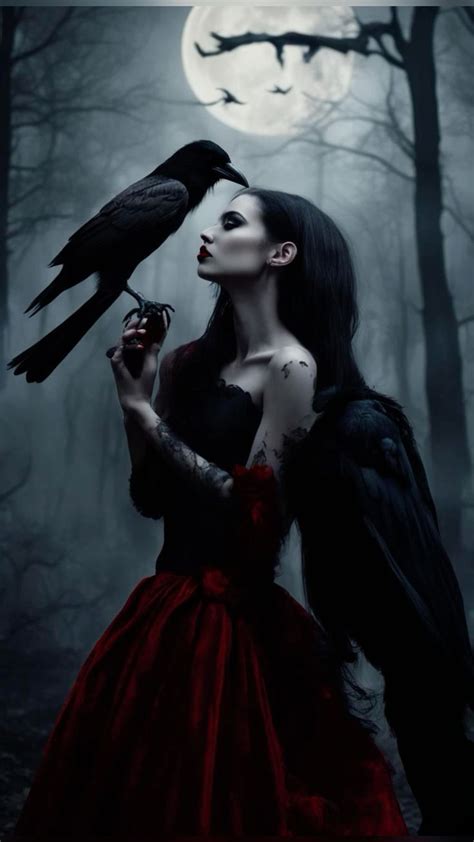 Девушка в красивом платье с вороном на фоне луны Dark Fantasy Art Dark Art Tattoo Goddess
