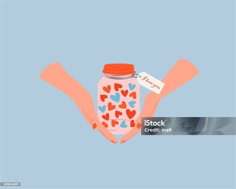 손으로 들고 만화 항아리로 가득 찬 마음 사랑과 발렌타인 데이 개념 사랑 메시지와 함께 손으로 그린 항아리 인사말 엽서 카드에