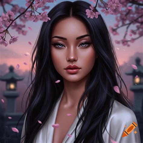 Digital Art Portrait Of A Young Woman With Long Dark Hair Green Eyes