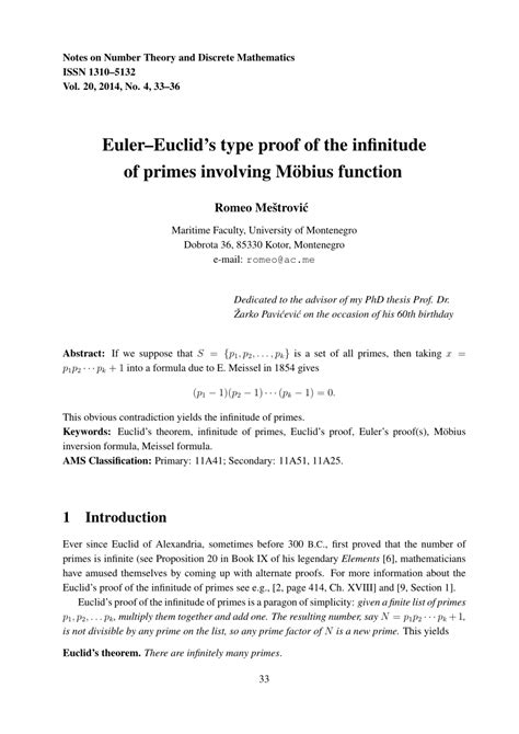Pdf Euler Euclids Type Proof Of The Infinitude Of Primes Involving