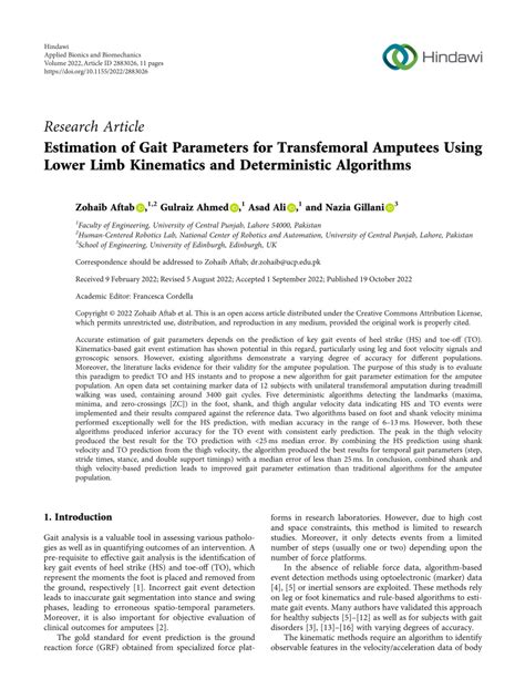 Pdf Estimation Of Gait Parameters For Transfemoral Amputees Using