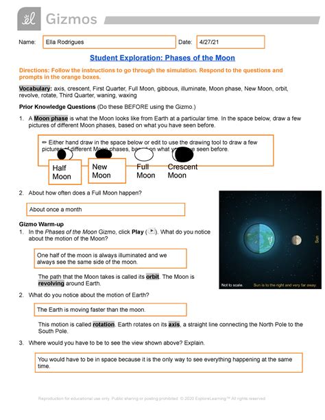 Phases Moon Gizmo Name Ella Rodrigues Date 4 27 Student