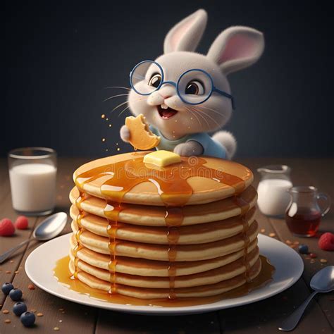 Adorable Cartoon Bunny Eating A Giant Stack Of Pancakes With Syrup And