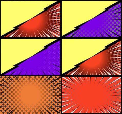 하프톤 광선 방사형 및 점선 효과 팝 아트 스타일이 포함된 만화책 다채로운 프레임 배경 무료 벡터
