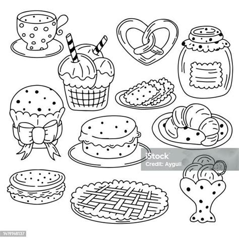 흰색 배경에 고립 된 손으로 그린 낙서 스타일의 달콤한 음식 컬렉션 케이크 비스킷 베이킹 쿠키 패스트리 아이스크림 마카롱 차 디저트 메뉴 또는 음식 패키지 디자인을위한