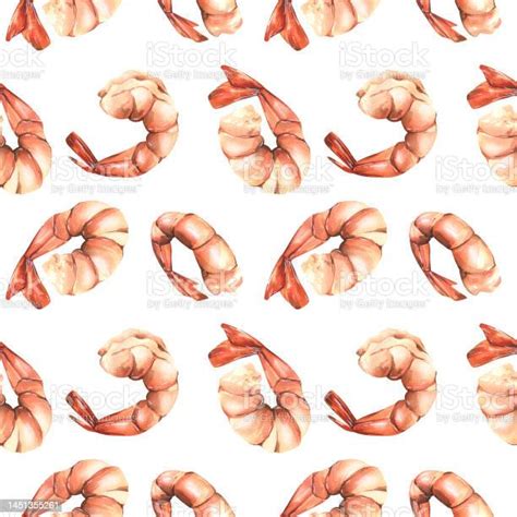 꼬리로 껍질을 벗긴 새우 수채화 그림입니다 Shrimp 컬렉션의 흰색 배경에 매끄러운 패턴 메뉴 조리법 카페 레스토랑 포장의 디자인 및 디자인 새우 해산물에 대한 스톡 벡터