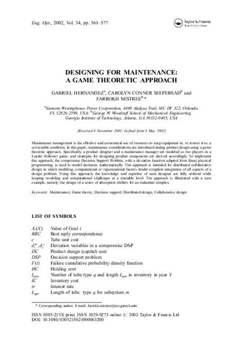 Pdf Designing For Maintenance A Game Theoretic Approach