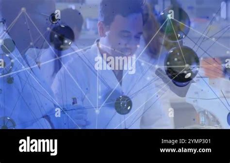 Working In Laboratory Scientists Analyzing Molecular Structure Animation Above Them Science