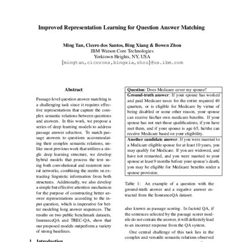 Improved Representation Learning For Question Answer Matching Acl Anthology