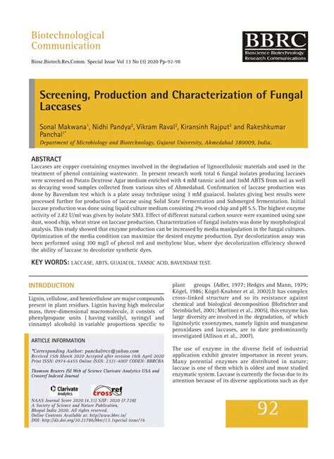 Pdf Screening Production And Characterization Of Fungal Laccase