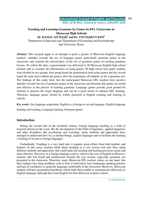 Pdf Teaching And Learning Grammar By Games In Efl Classrooms In Moroccan High Schools