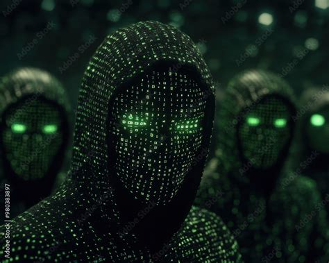 Mysterious Hooded Figures Covered In Glowing Green Code Representing Digital Hackers Or Cyber