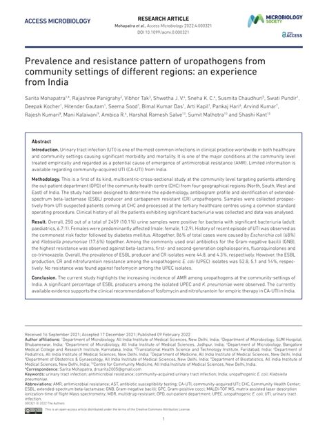 Pdf Prevalence And Resistance Pattern Of Uropathogens From Community Settings Of Different