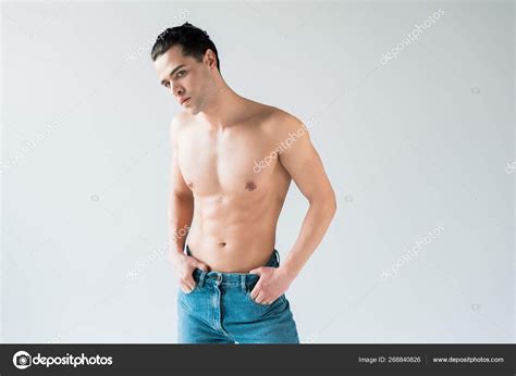 Handsome Shirtless Man Standing Blue Jeans Hands Pockets White — Stock