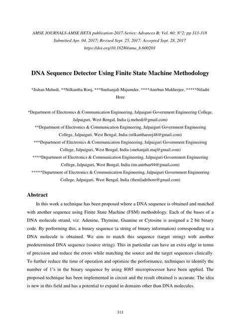 PDF DNA Sequence Detector Using Finite State Machine Methodology
