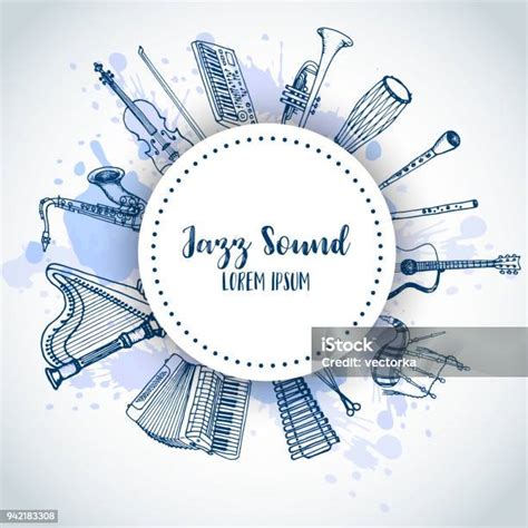 재즈 배경 음악 악기 배너 디자인입니다 손으로 그린된 드럼 Piaono 바이올린 기타 및 페인트 밝아진에 색소폰 원형에 대한 스톡 벡터 아트 및 기타 이미지 Istock