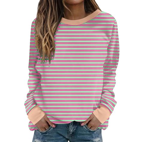 Womens Striped Sweatshirts Trendy Colorblock Crewneck Pullover Loose