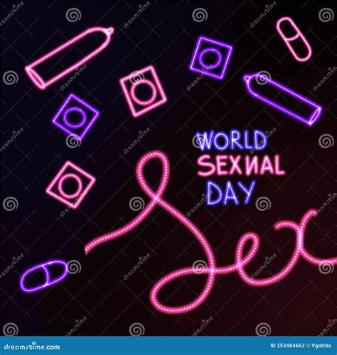 World Sexual Day Illustration In Neon Color With Contraceptive Protection Symbols On Black Color