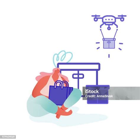 쿼드 콥터를 제어하는 사람들과 무인 항공기 배달 서비스 개념 여성 캐릭터 온라인 쇼핑 헬리콥터의 기술 제어 비행 운송을위한 항공기 장비 벡터 일러스트레이션