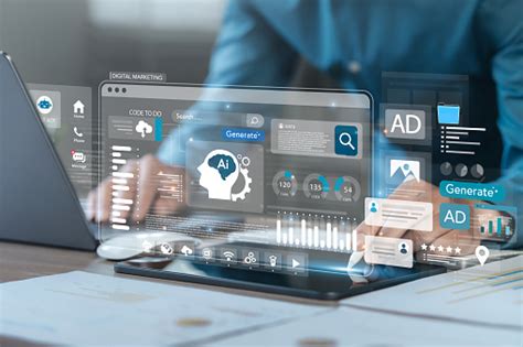 업무 화면에서 Ai 기술을 사용하여 데이터를 분석하는 사업가 Ai 스마트 로봇 기술을 사용하여 Ai와 챗봇 채팅 Ai 솔루션으로 업무 효율성을 높이세요챗봇은 업무 문제를