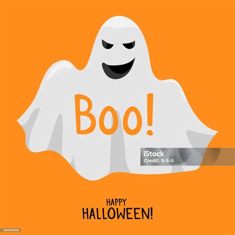 할로윈 유령입니다 귀여운 미소 백색 유령 정신 벡터 일러스트입니다 해피 할로윈 카드 서식 파일 공포 무서움에 대한 스톡 벡터
