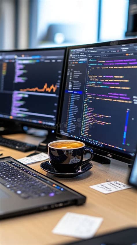 Modern Data Analyst Workspace With Dual Displays Latte Python Script And Performance Graphs