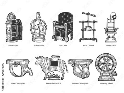 Medieval Torture Device Set With Titles Sketch Engraving Vector