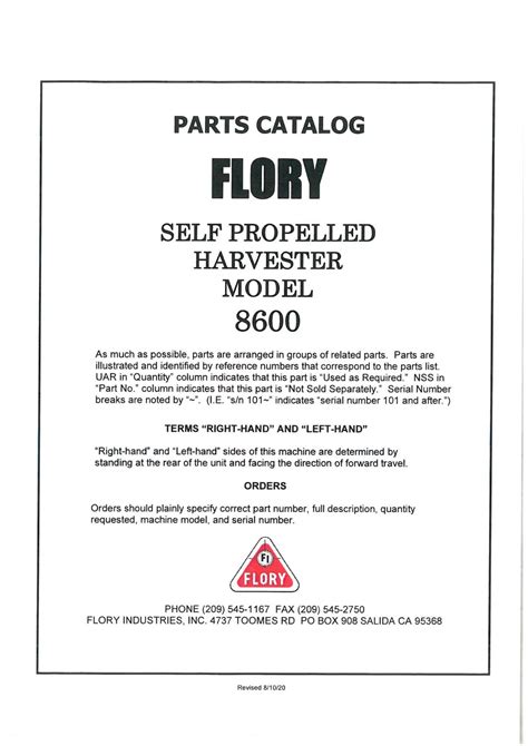 Flory Self Propelled Harvester 8600 Parts Manual
