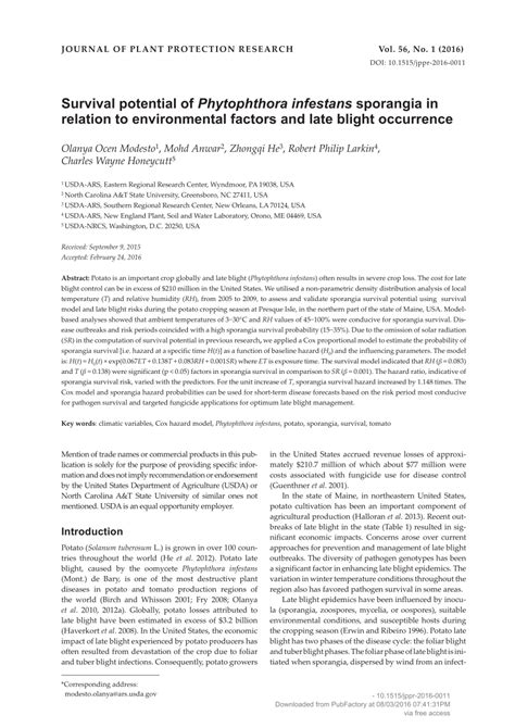 Pdf Survival Potential Of Phytophthora Infestans Sporangia In
