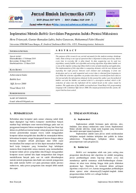 Pdf Implemetasi Metode Bubble Sort Dalam Pengurutan Indeks Prestasi Mahasiswa