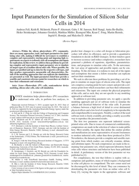 Input Parameters For The Simulation Of Silicon Solar Cells In 2014