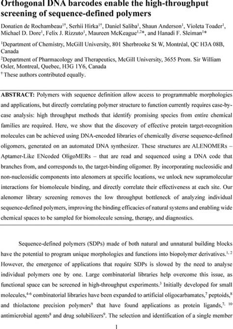 Orthogonal Dna Barcodes Enable The High Throughput Screening Of