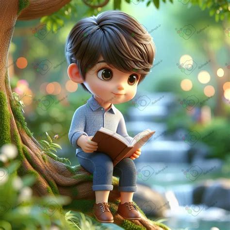 بک گراند کودکانه پسربچه ناز نشسته روی درخت کنار جویبار در حال مطالعه