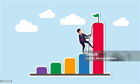 성공에 도달하기 위한 야심 찬 노력 용기로 목표를 달성하기 위한 결의에 찬 성장 야심 찬 사업가의 개념은 차트와 그래프를 올라 높은 바의 정상에 도달합니다 개념에 대한 스톡