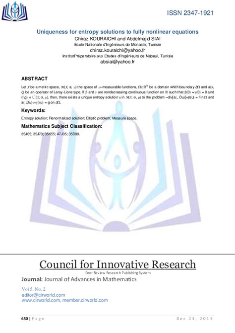 Pdf Uniqueness For Entropy Solutions To Fully Nonlinear Equations Council For Innovative